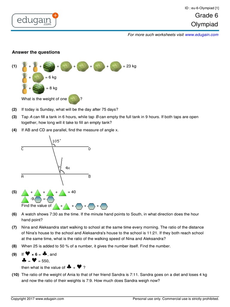 Grade 6 Olympiad: Answer The Questions | PDF | Mathematical Concepts | Abstract Algebra