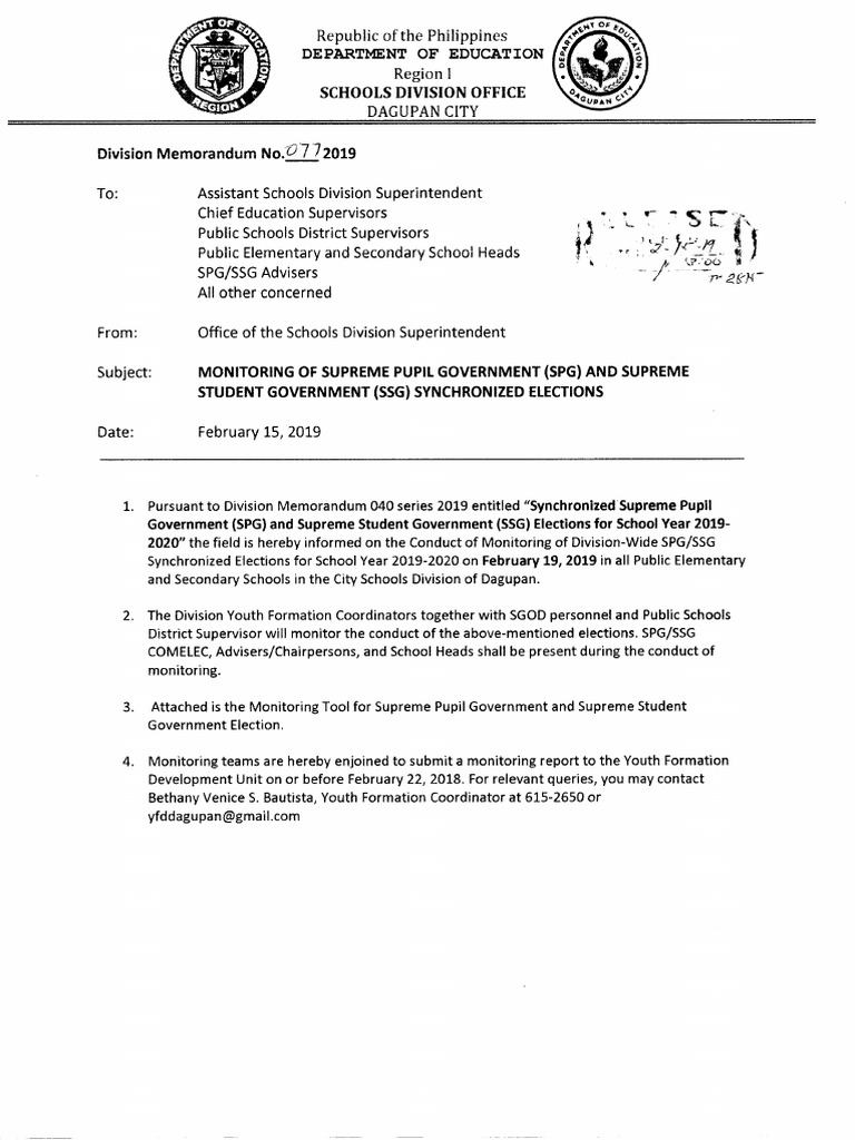 Division Memorandum No. 77 S 2019 Monitoring of Supreme Pupil Government SPG and Supreme Student ...