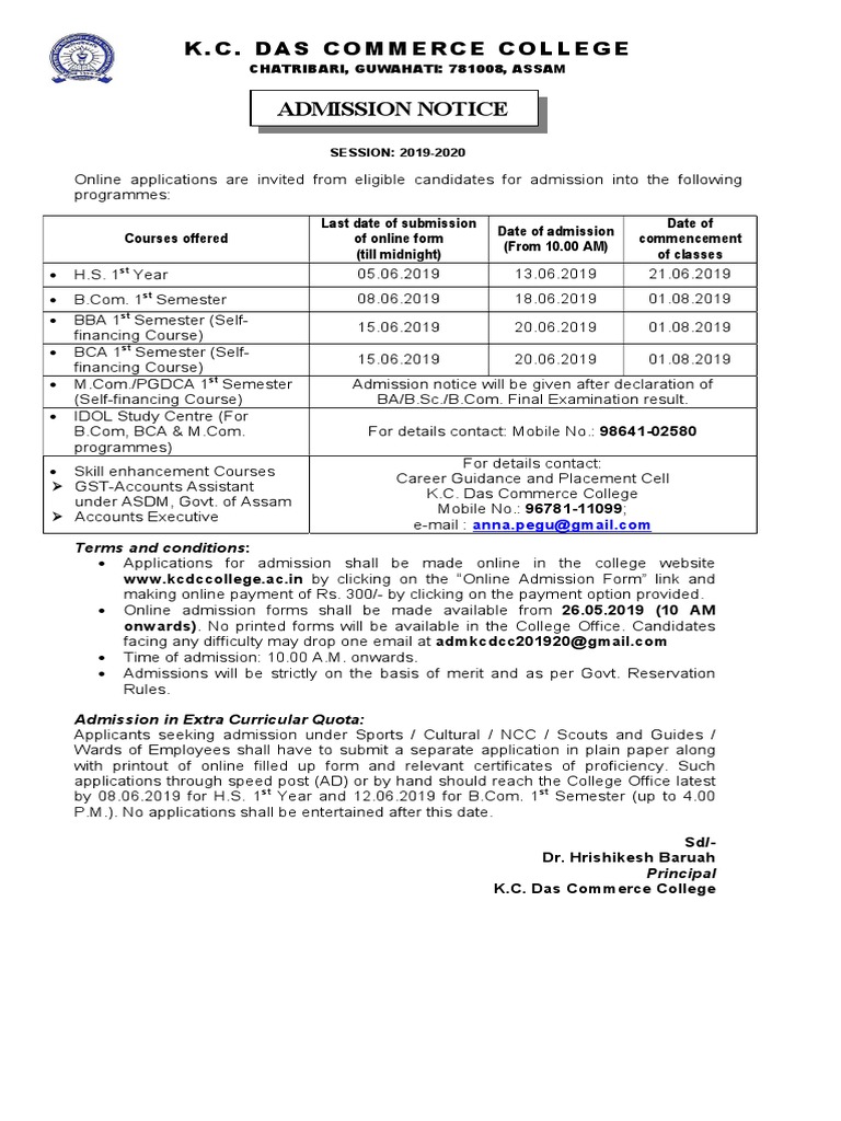 Admission Notice: K.C. Das Comm Erce College | PDF | Business