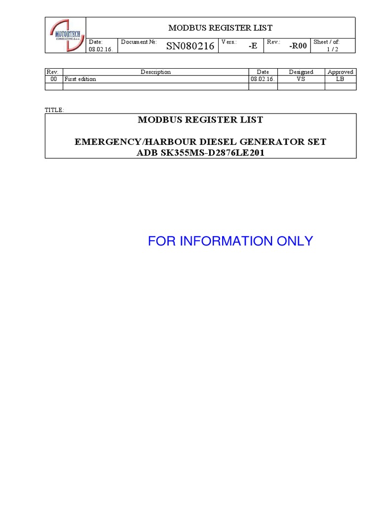 For Information Only: Modbus Register List Emergency/Harbour Diesel ...