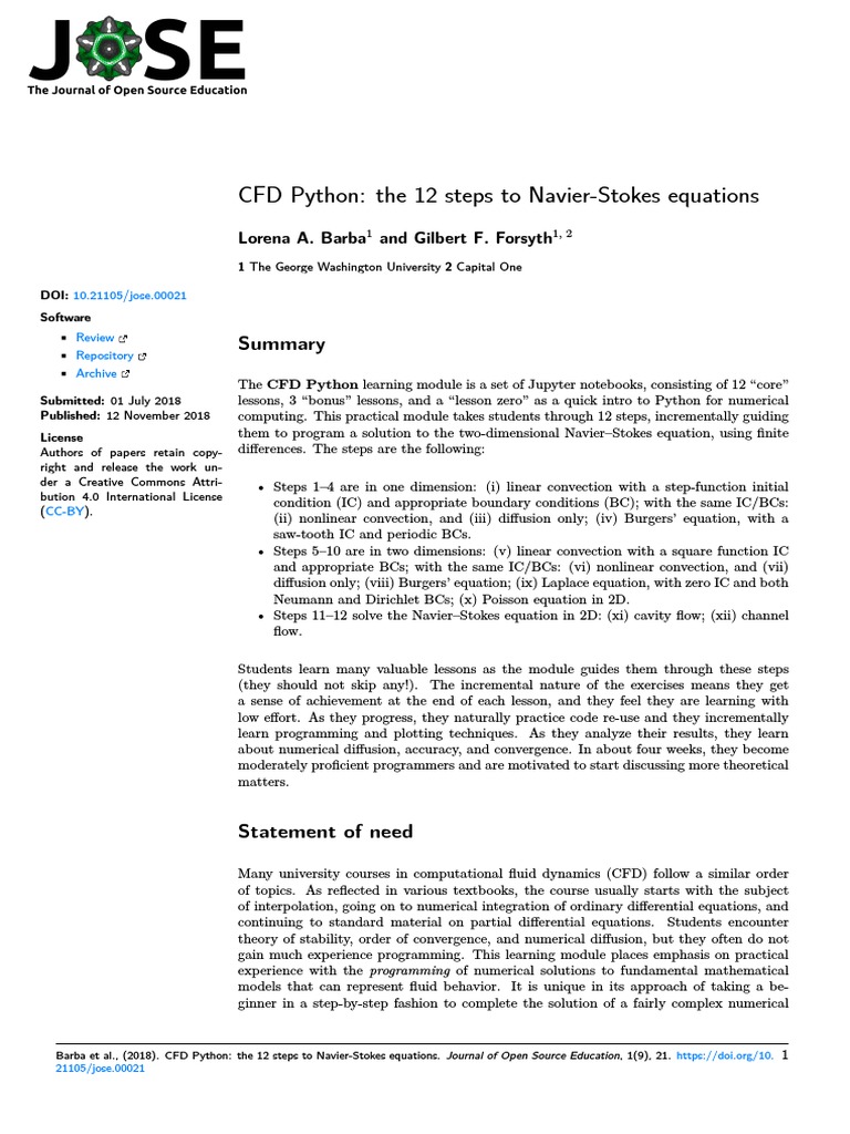 Cfd Python The 12 Steps To Navier Stokes Equations Pdf Computational Fluid Dynamics