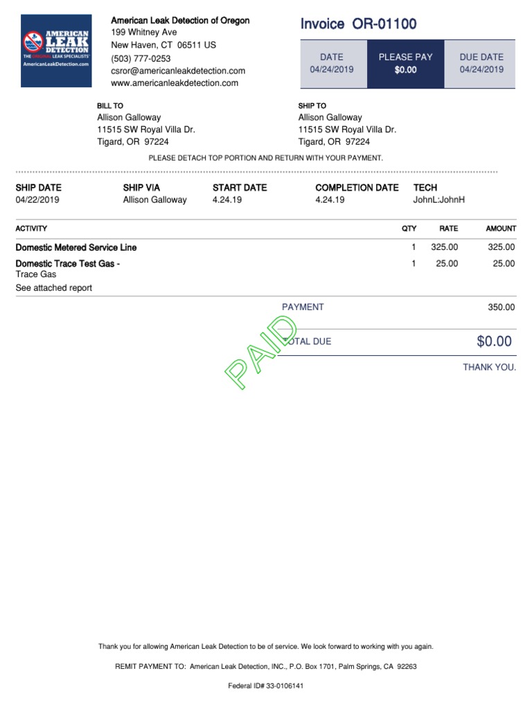 Invoice OR01100 From American Leak Detection of Oregon | PDF | Business ...