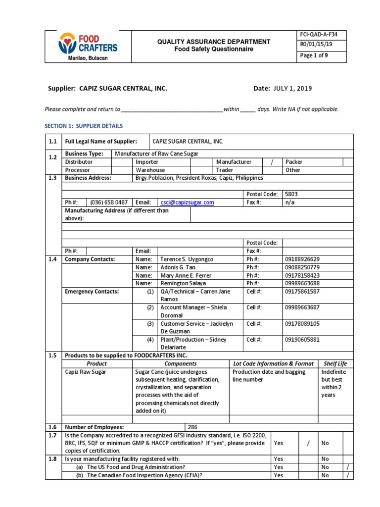 FS Questionnaire | PDF | Food Safety | Foods