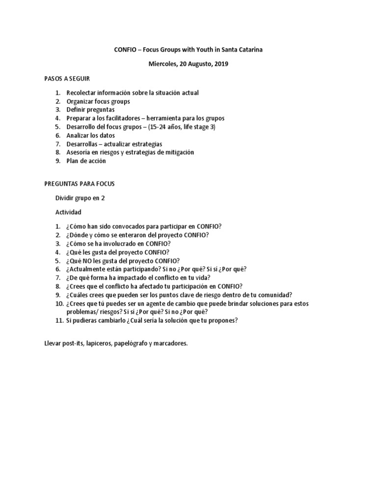 CONFIO Santa Catarina Focus Groups Guide & Questions | PDF | Business