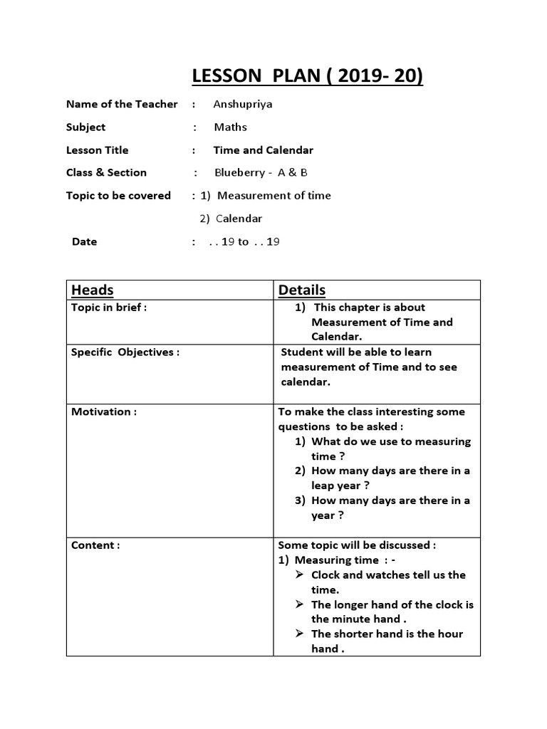 LESSON PLAN (2019-20) : Heads Details | PDF | Time | Behavior Modification