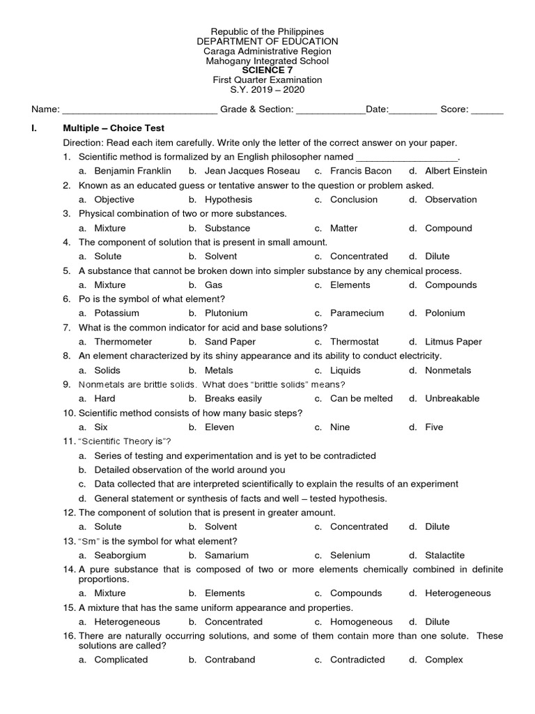 Science 7 First Quarter Exam Guide | PDF | Solution | Ph