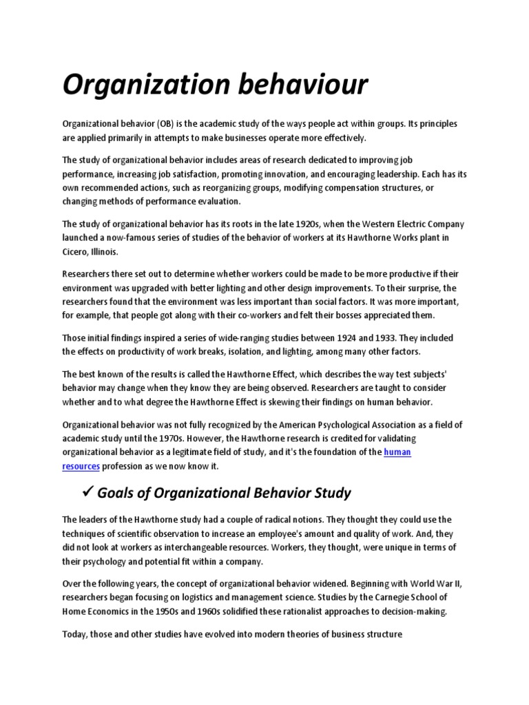 Organization Behaviour: Goals of Organizational Behavior Study | PDF ...
