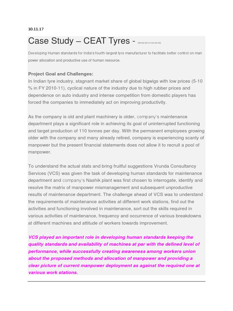 Case Study Ceat Tyres Project Goal And Challenges Pdf