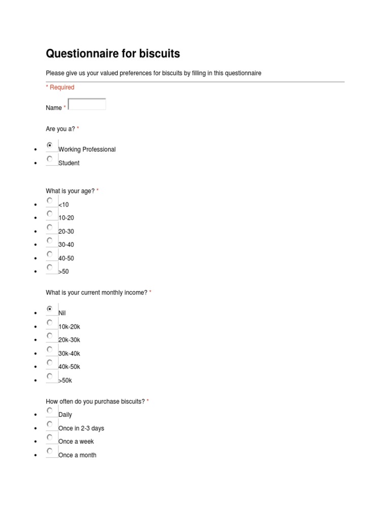 Questionnaire For Biscuits | PDF | Biscuit | Brand