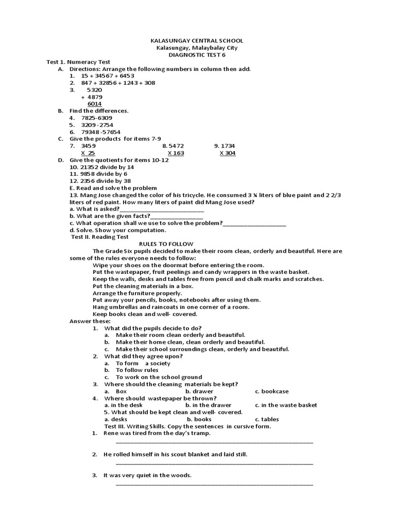 Diagnostic Test 2019-2020 | PDF | Desk