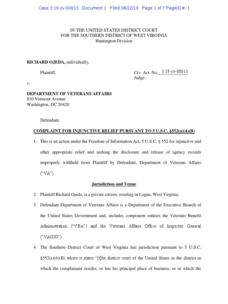 RICHARD OJEDA vs. DEPARTMENT OF VETERANS AFFAIRS FOIA Request | PDF ...
