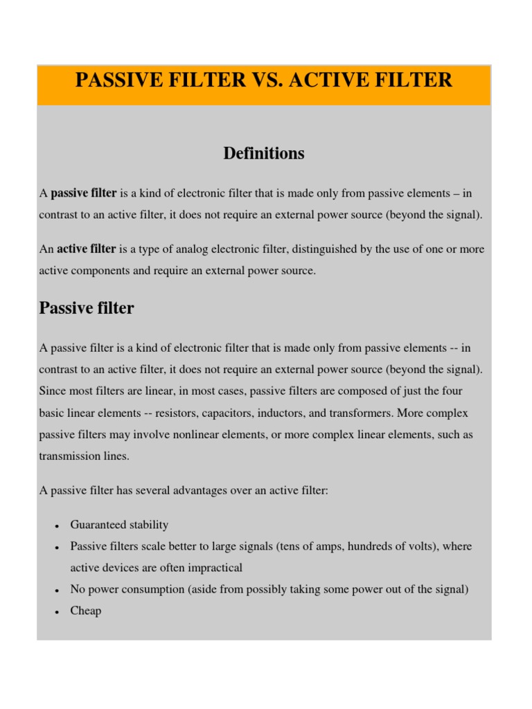 Passive Filter vs. Active Filter: Definitions | PDF | Passivity ...