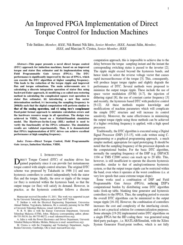 An Improved FPGA Implementation of Direct Torque Control For Induction Machines | PDF | Electric ...