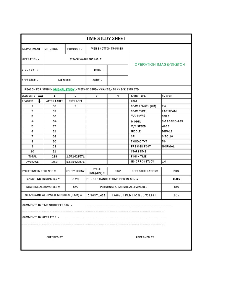 Time Study Sheet: Operation Image/Sketch | PDF | Seam (Sewing) | Sewing ...