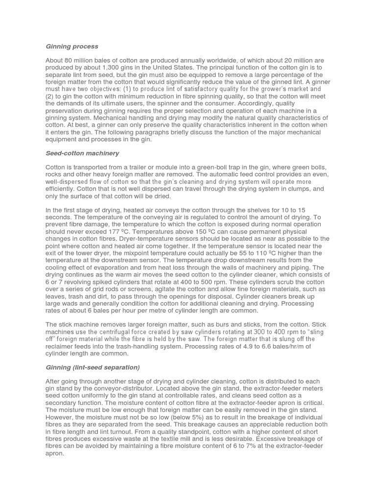 Ginning Process | PDF | Cotton | Textiles