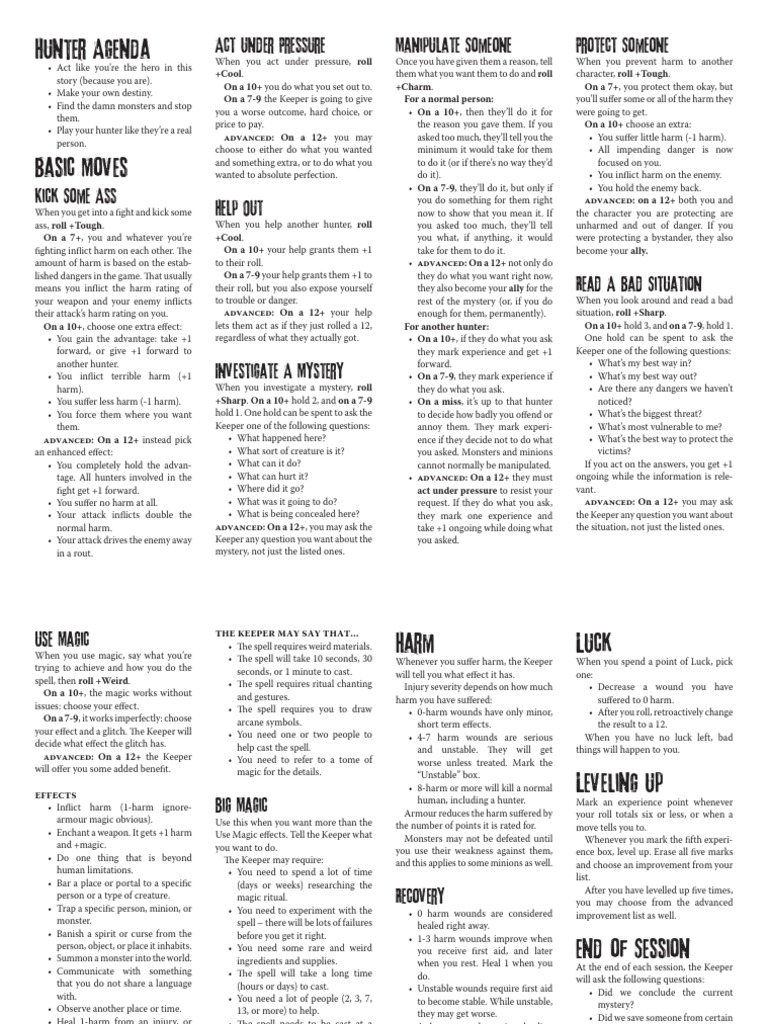 MotW Revised Hunter Reference Sheets | PDF | Leisure