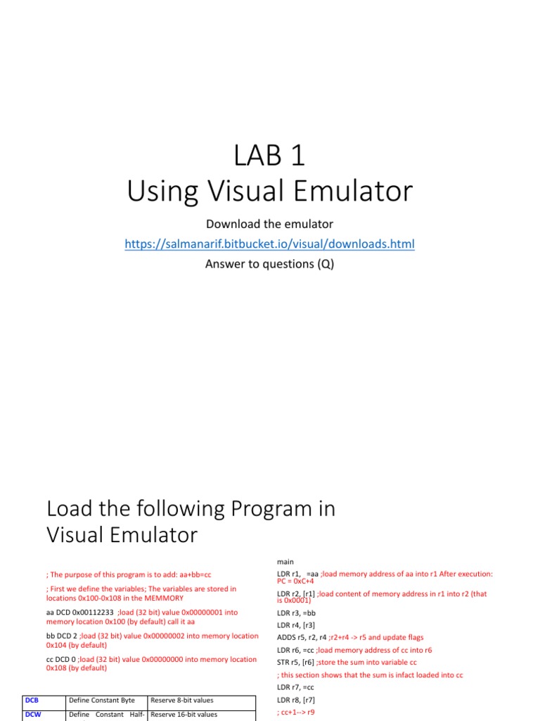 Lab 1 Using Visual Emulator: Download The Emulator Answer To Questions ...