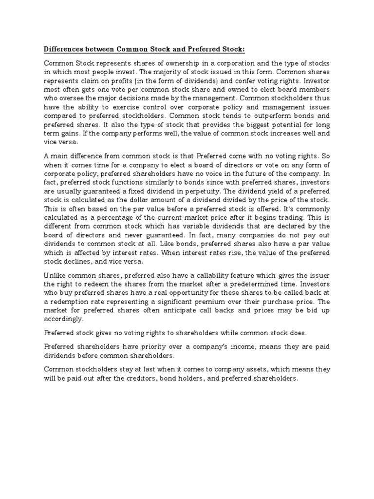 Differences Between Common Stock and Preferred Stock | PDF | Preferred ...