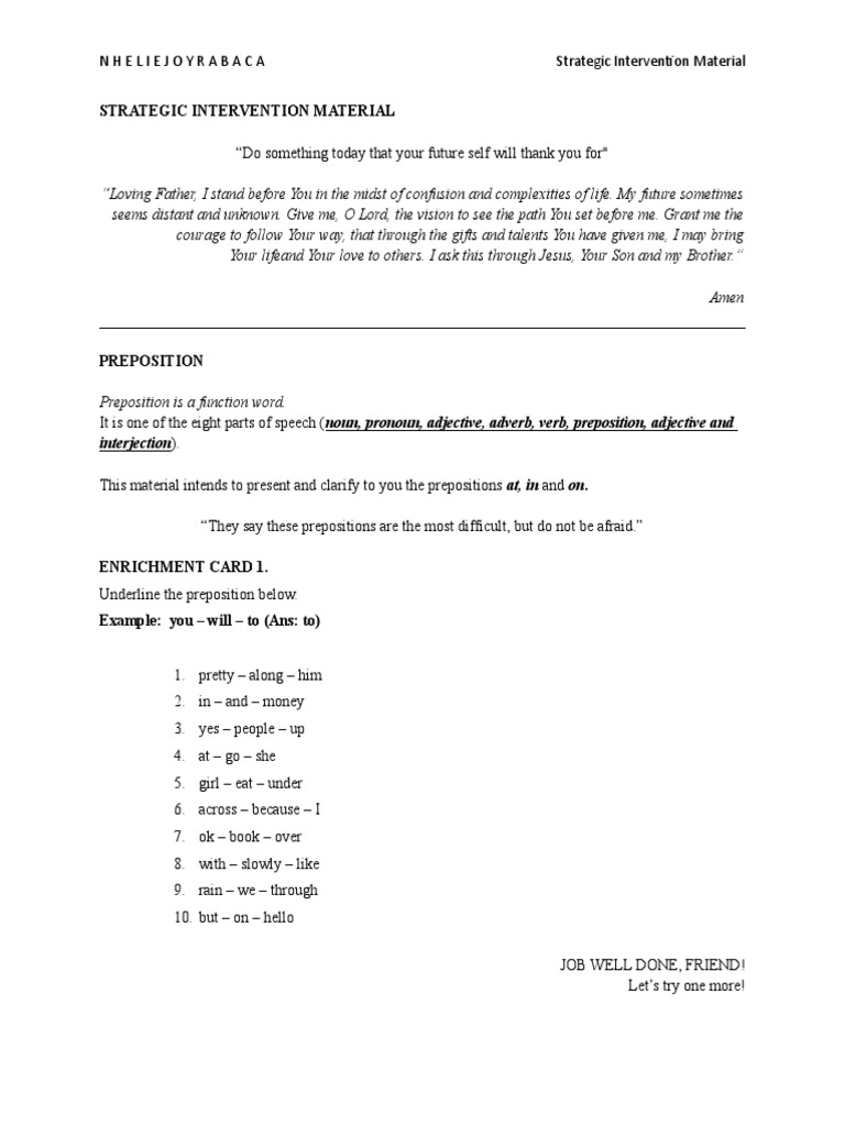 Strategic Intervention Material: Gifts Life | PDF | Preposition And ...