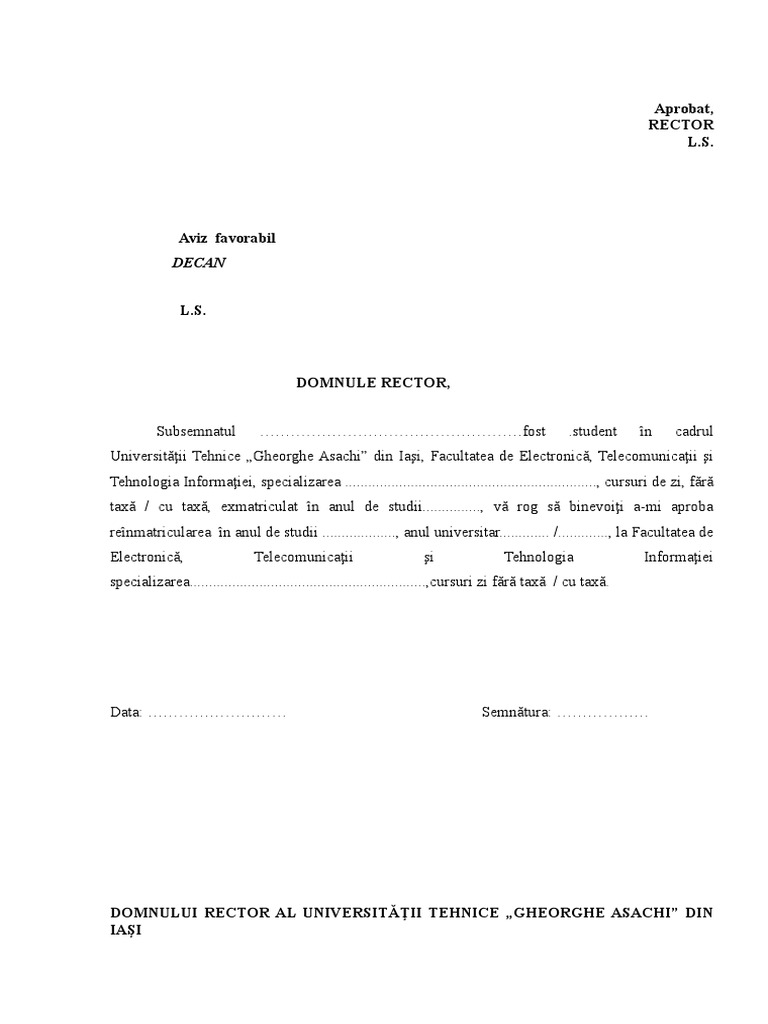 Cerere Reinmatriculare Facultate | PDF