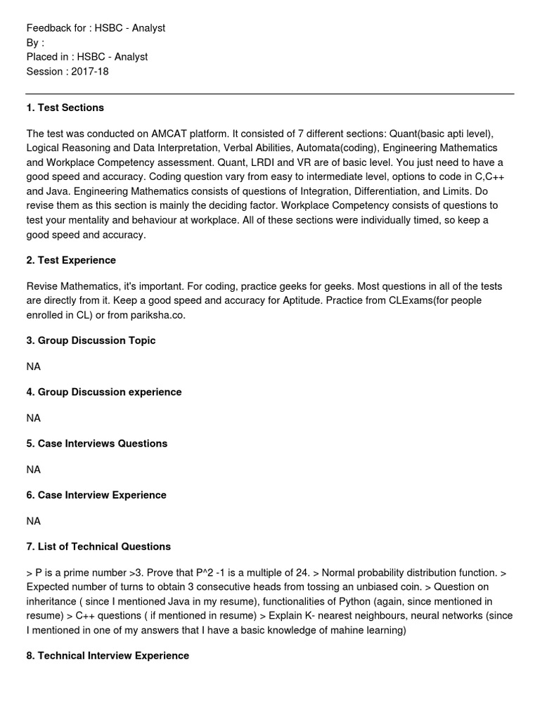 HSBC Analyst Interview Insights | PDF | Learning | Psychology