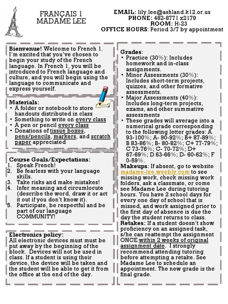 French 1 Syllabus Final | PDF | Understanding | Teachers