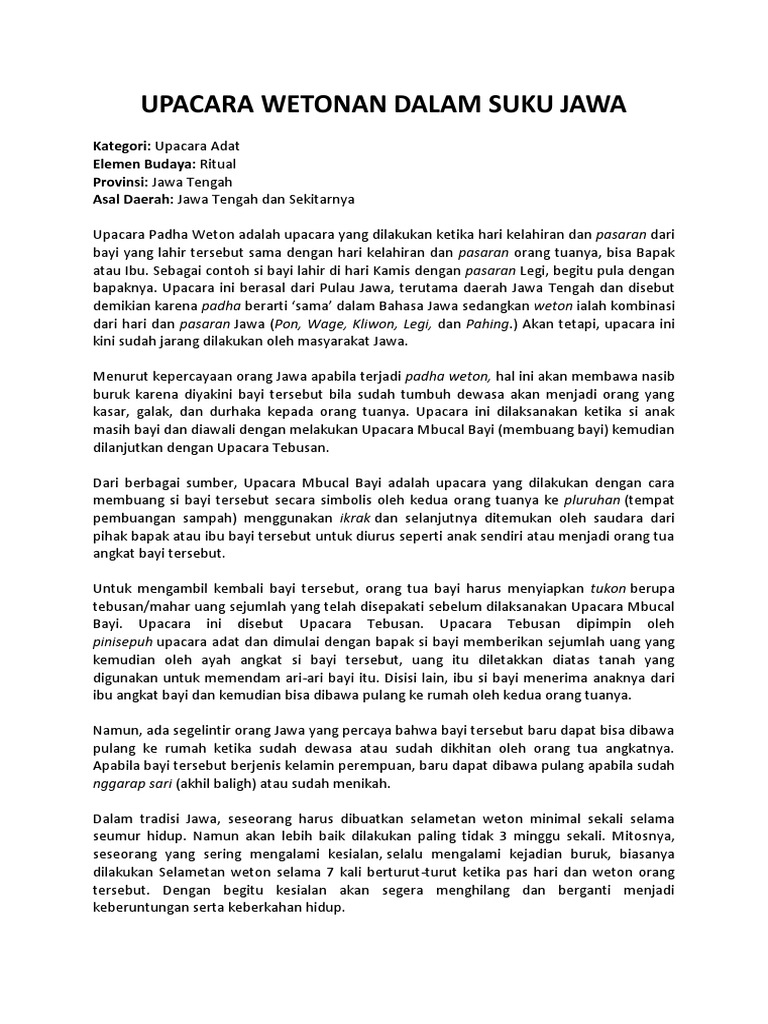 Upacara Wetonan Dalam Suku Jawa | PDF