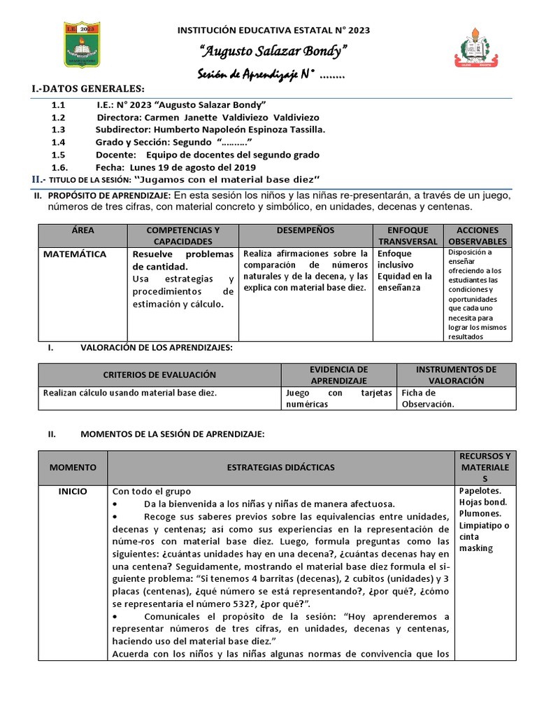 Sesion Jugamos Con El Material Base Diez | PDF | Aprendizaje | Evaluación