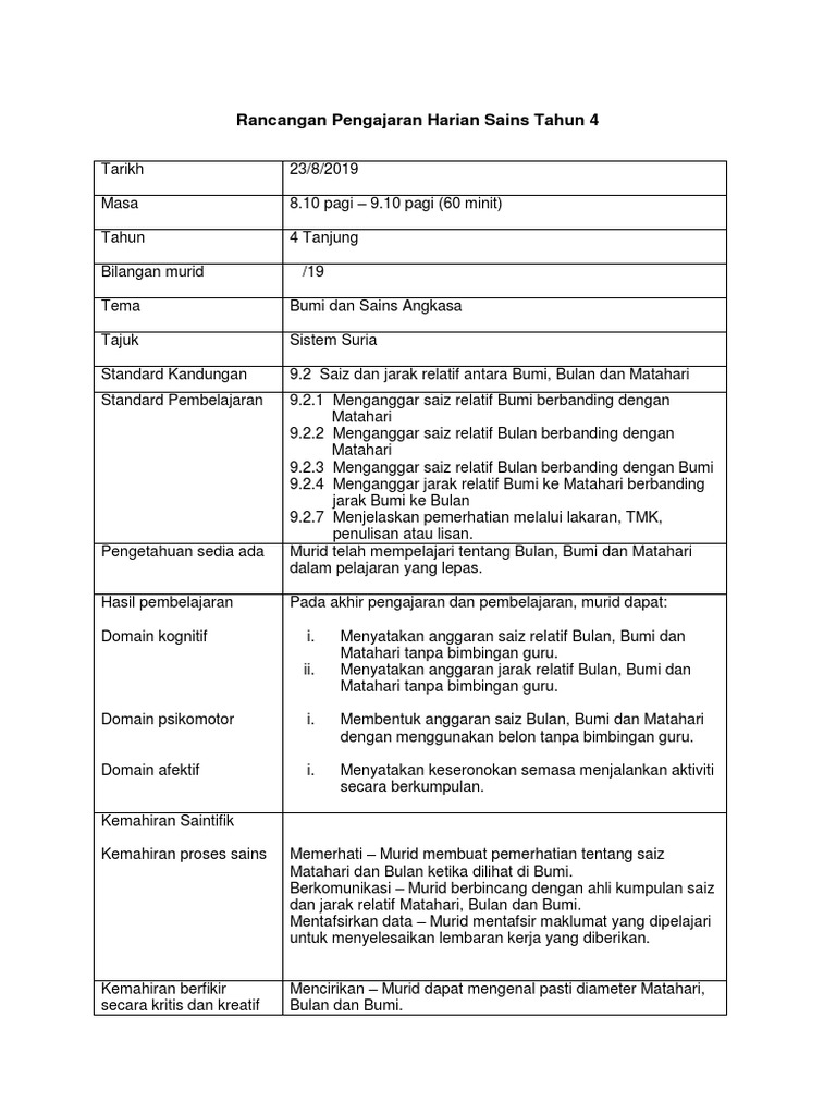 Rancangan Pengajaran Sains Tahun 4 | PDF