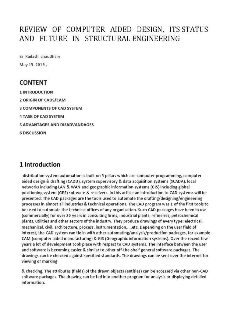 Review of Computer Aided Design, Its Status and Future in Structural ...