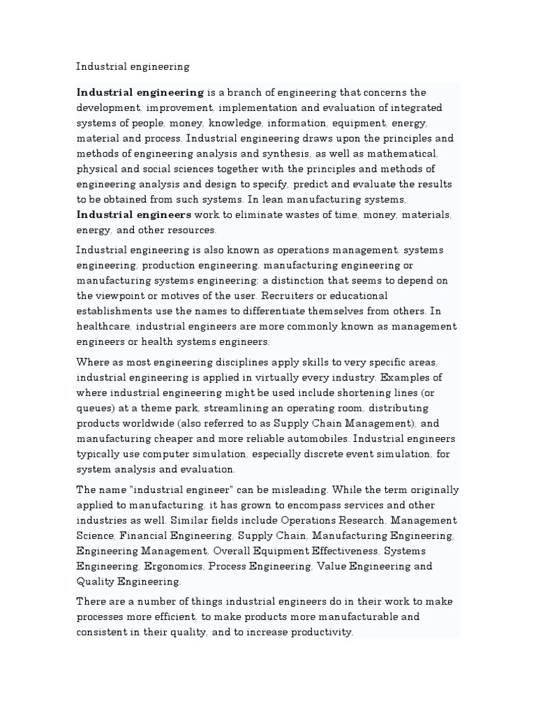 Industrial Engineering Is A Branch of Engineering That Concerns The ...