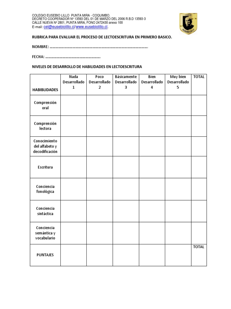 RUBRICA LECTOESCRITURA