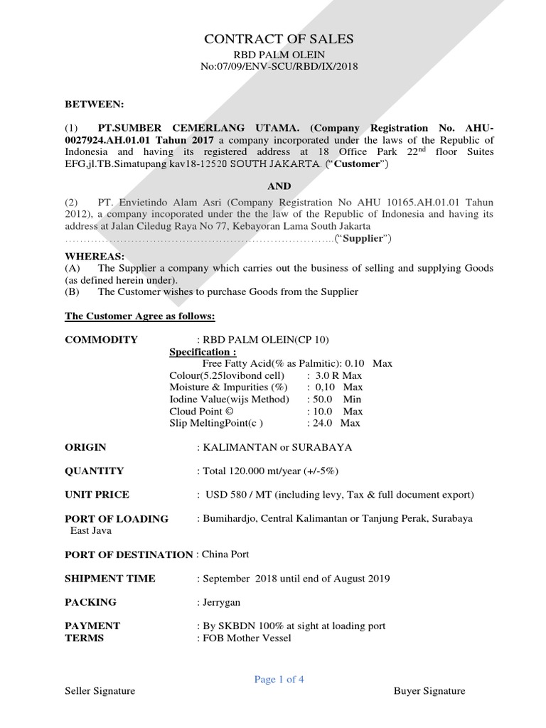 Contract RBD Palm Olein CP 10 PT | PDF | Business | Economies