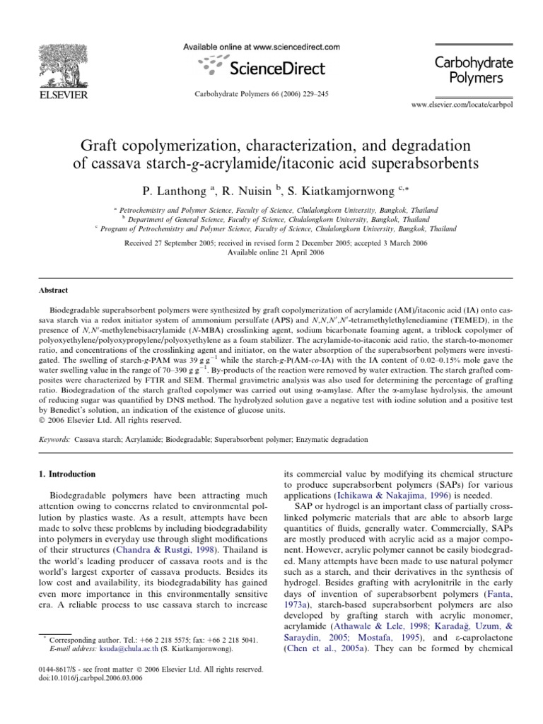 Graft Copolymerization, Characterization, and Degradation of Cassava Starch-G-Acrylamide ...