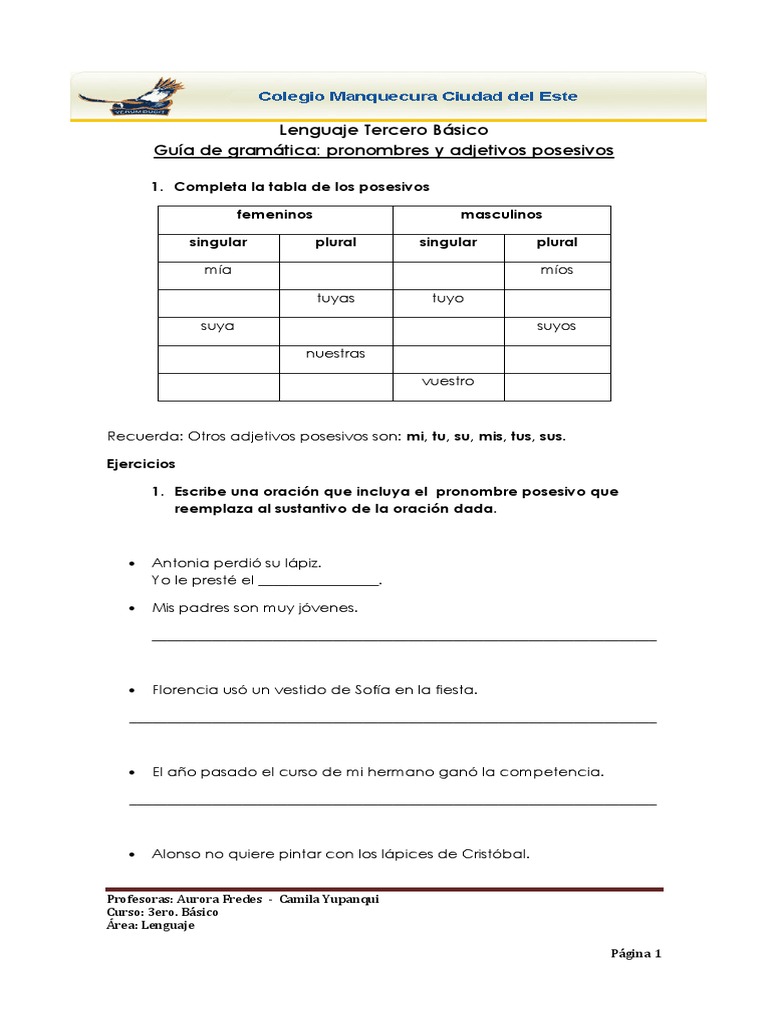 Prueba Gramatica Tercero Basico Pronombre | PDF | Adjetivo | Unidades ...