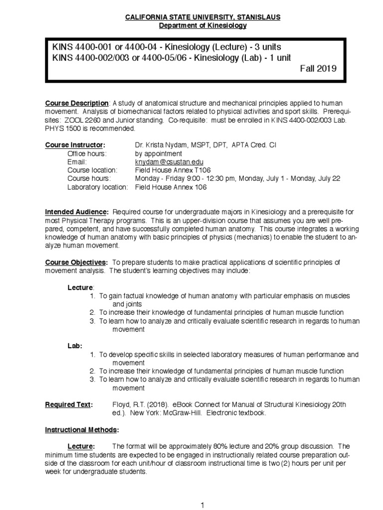 Kinesiology Lecture Syllabus | PDF | Academic Dishonesty | Lecture