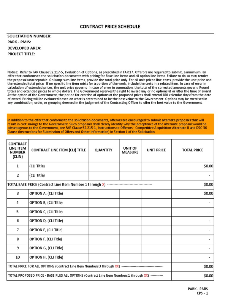 Contract Price Schedule: Solicitation Number: Park - Pmis: Developed ...