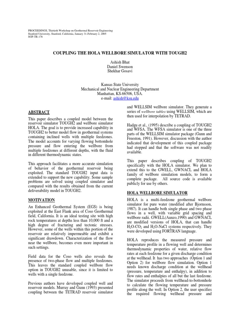 Coupling The Hola Wellbore Simulator With Tough2: Ashish@ksu - Edu | Download Free PDF | Fluid ...