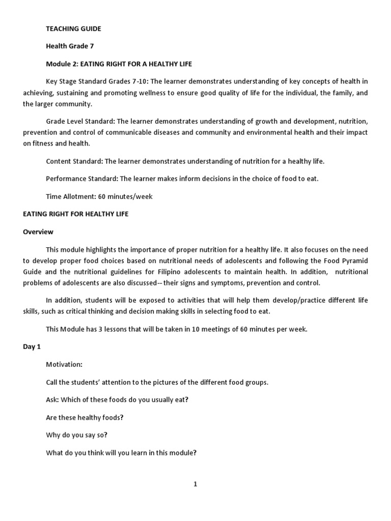 Health g7 Teaching Guide Revised | PDF | Nutrition | Diet & Nutrition