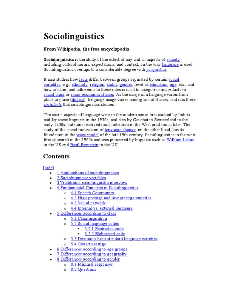 Sociolinguistics: From Wikipedia, The Free Encyclopedia | PDF ...