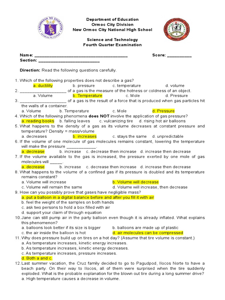 Fourth Quarter Test | PDF | Carbohydrates | Gases