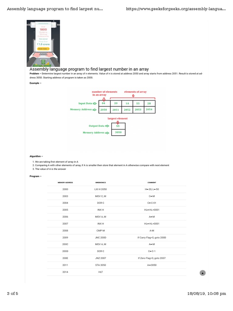 Assembly Language Program To Find Largest Number In An Array Pdf Array Data Structure