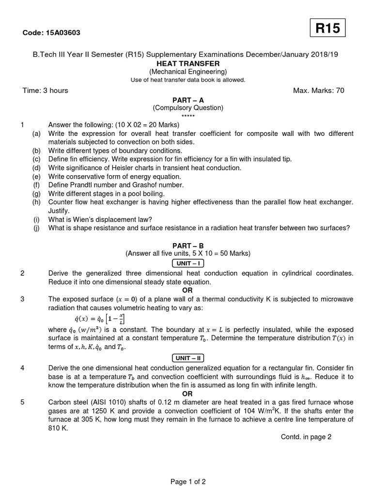 JNTUA Heat Transfer Exam Paper R15 | PDF | Heat Transfer | Thermal ...