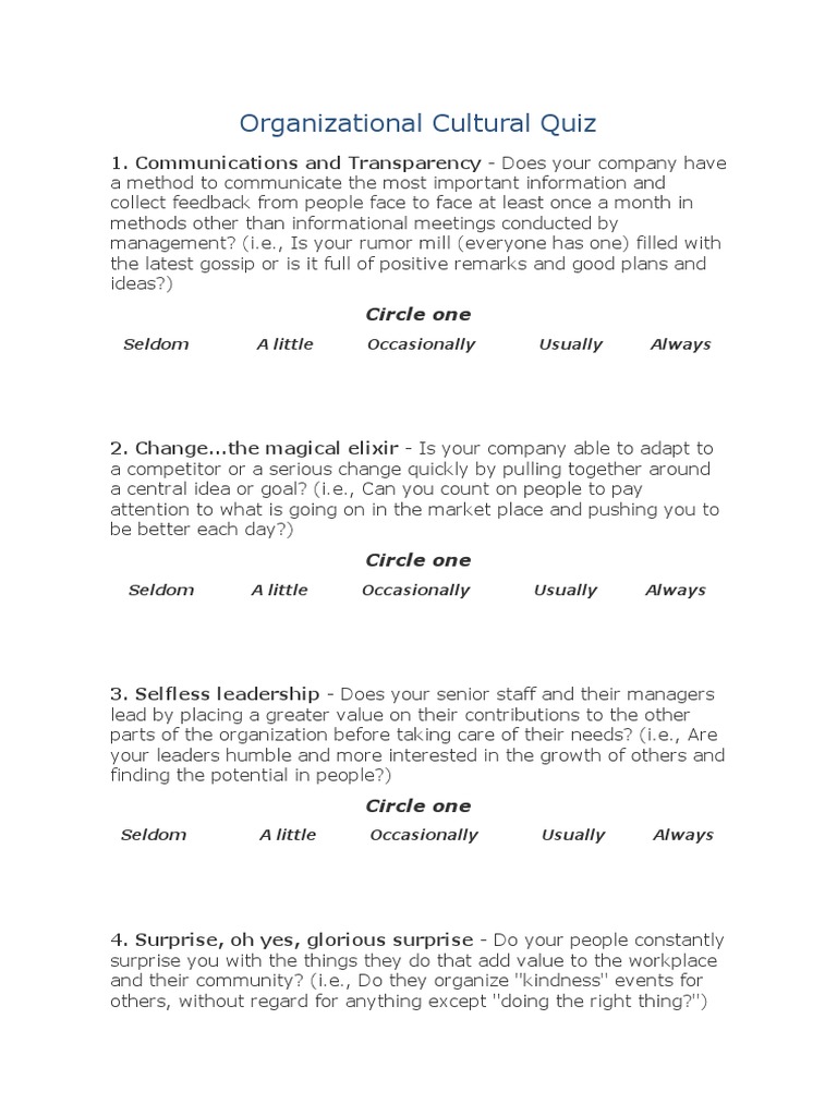 Organizational Cultural Quiz | PDF | Cognition | Psychology