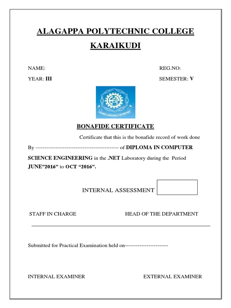Alagappa Polytechnic College Karaikudi: Bonafide Certificate | PDF