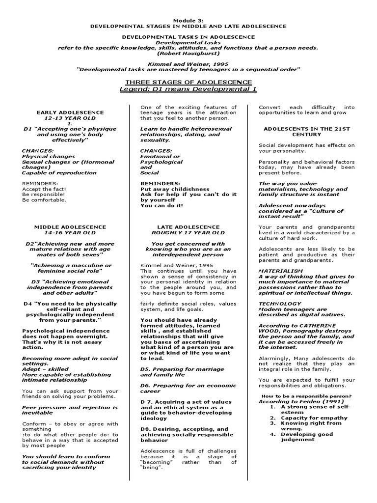 Legend: D1 Means Developmental 1: Three Stages of Adolescence | PDF ...