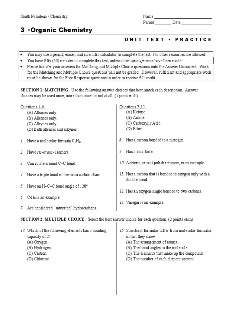 3 Organic Chemistry: Unit Test - Practice | PDF | Alkene | Molecules