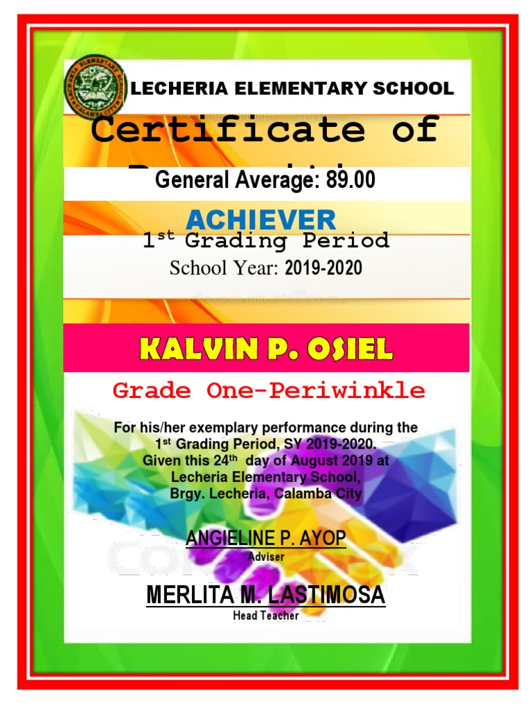 Class Achiever Recognition Certificate | PDF