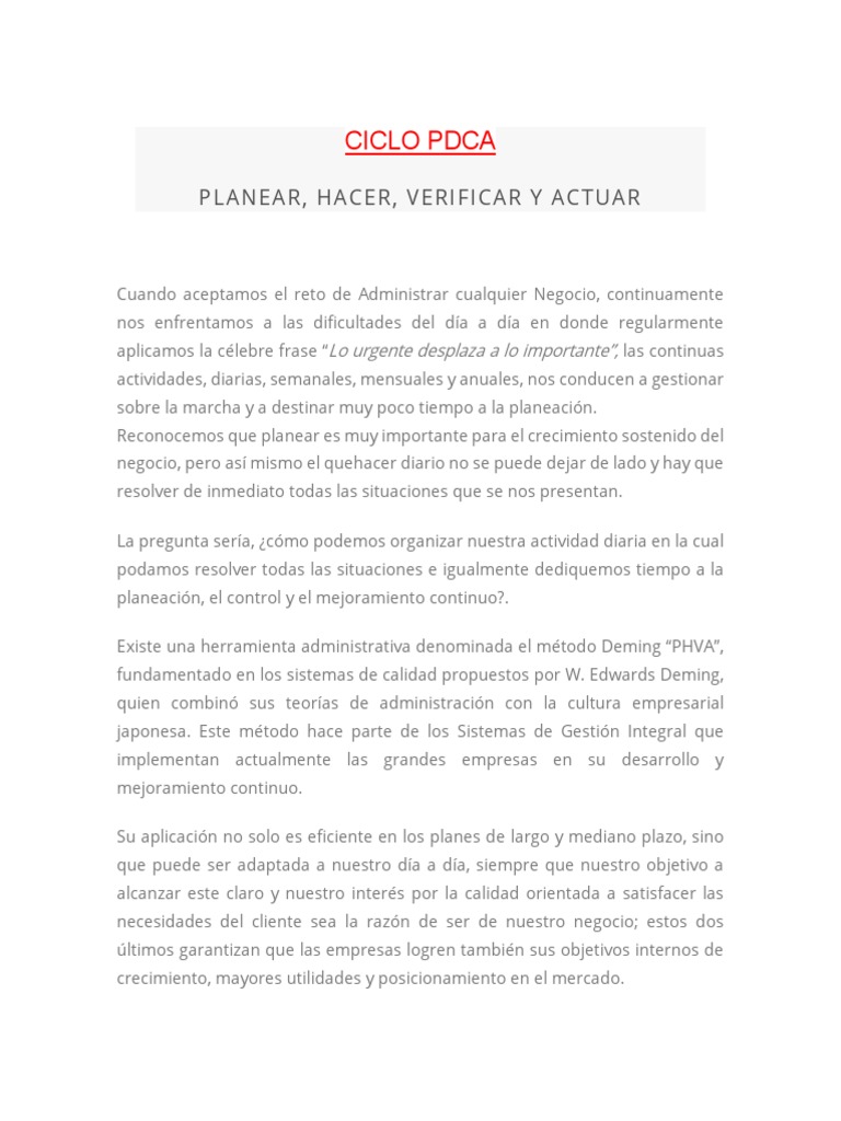 Ciclo Pdca Planear, Hacer, Verificar y Actuar | PDF | Planificación ...