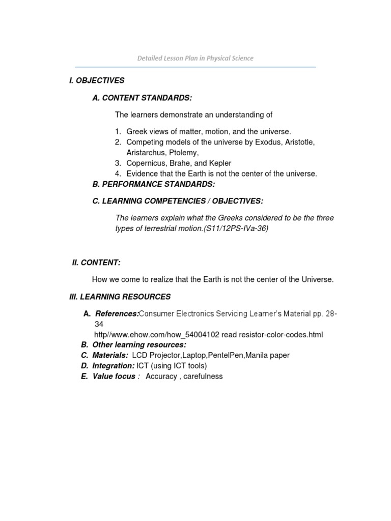 Detailed Lesson Plan in Physical Science - mhelDS | PDF | Resistor | Color